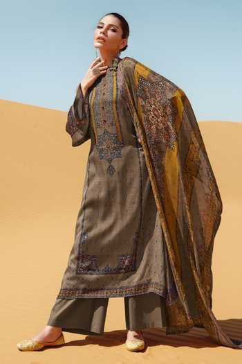 Buy Brown Kurta: Modal Satin Printed Floral Mandala Round Pant Set For ...