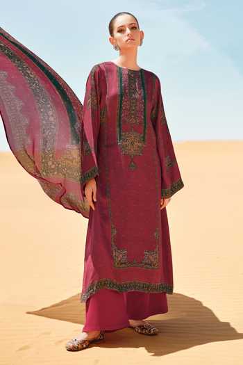 Buy Red Kurta: Modal Satin Printed Floral Vine Round Pant Set For Women ...
