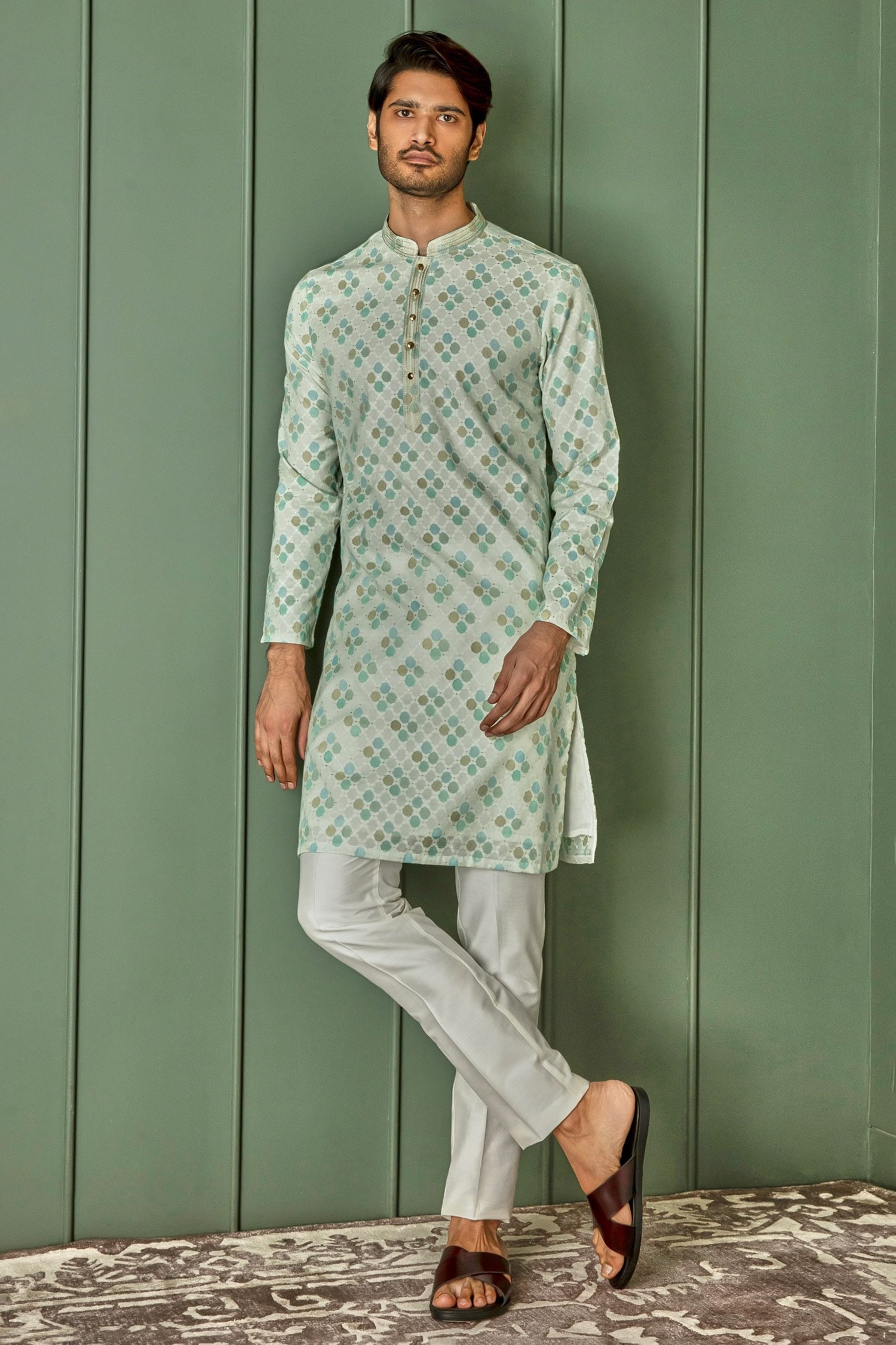 Buy Green Jacquard Printed And Embroidered Diamond Jaal & Kurta Set For ...