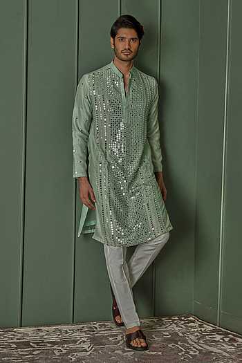 Buy Green Chanderi Embroidered Mirror Kurta Set For Men by Asuka Online ...