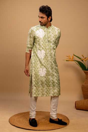 Buy Green Muslin Printed Geometric Leaf Applique Kurta And Churidar Set ...