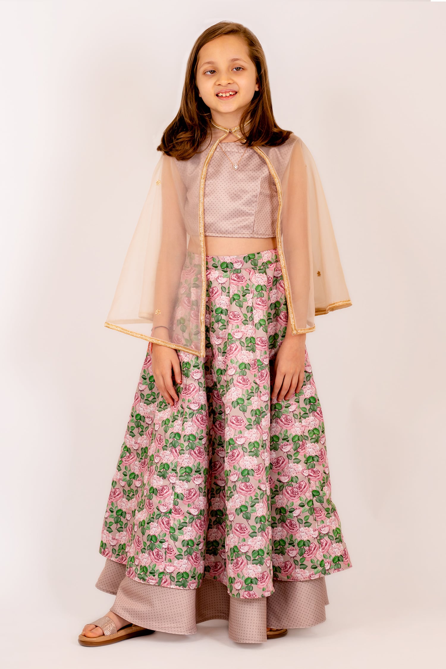 Buy Brown Dull Satin Print Pansy Garden Layered Kali Lehenga Set For ...