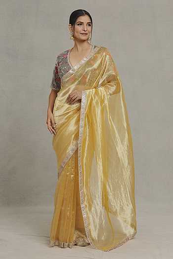 Buy Gold Tissue Embellished Sequin And Zari Lace Work Bordered Saree ...