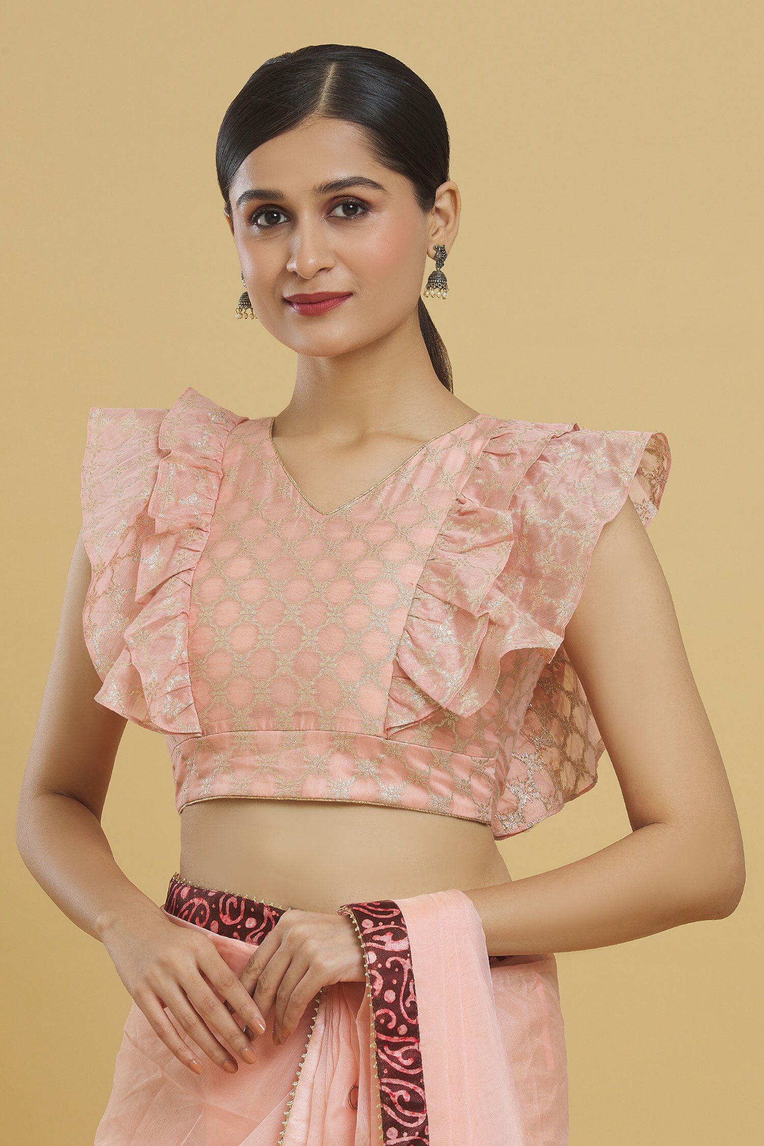 Buy Pink Art Silk Woven Floral Jaal V-neck Ruffle Saree Blouse For ...