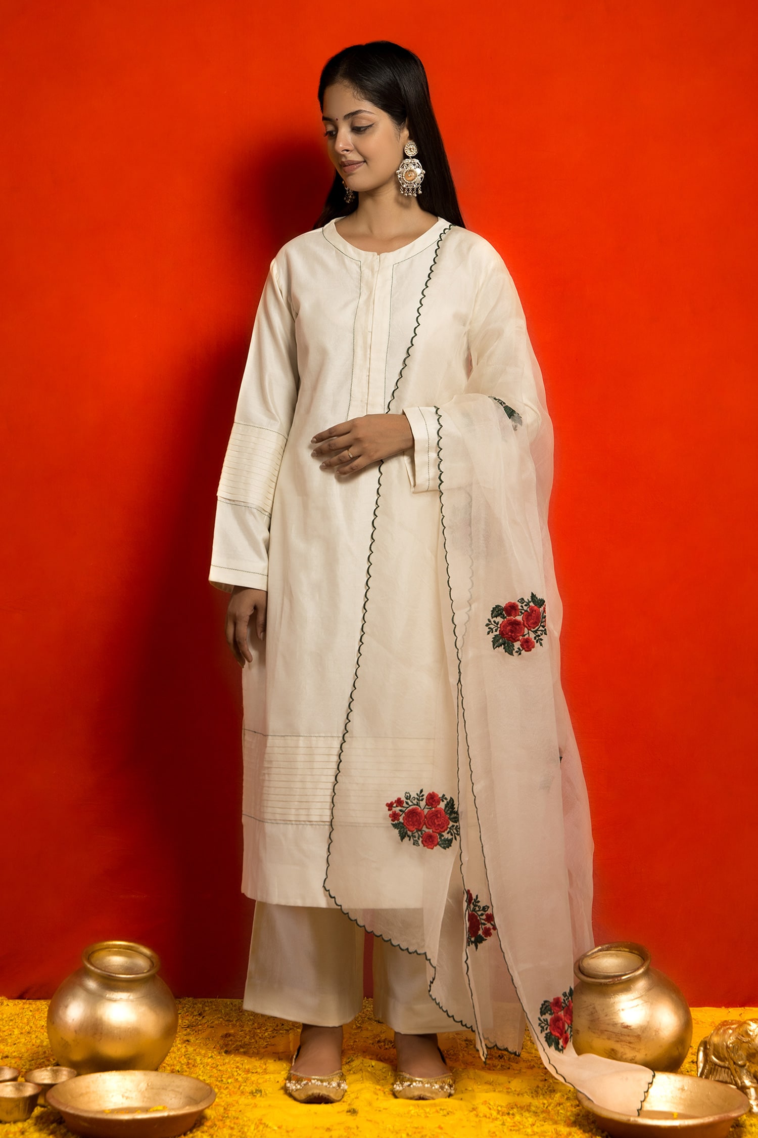 Buy Ivory Pure Silk Chanderi Embroidered Full Sleeve Pintuck Kurta Set ...