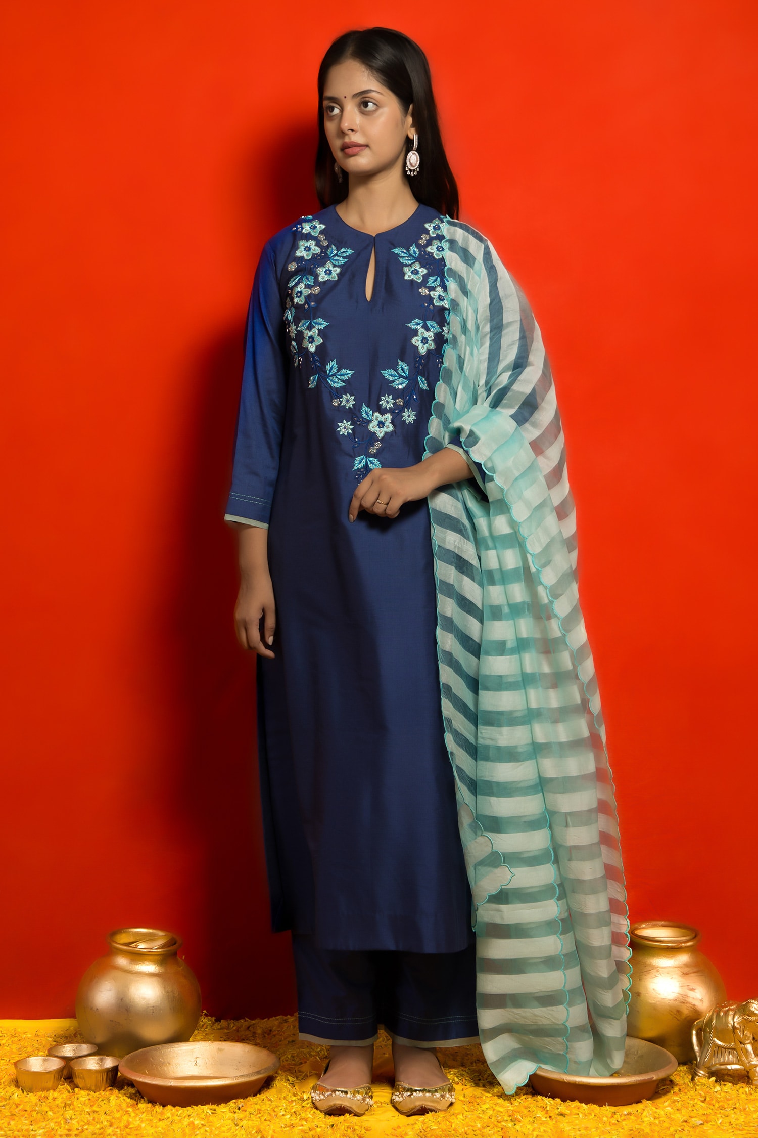 Buy Blue Pure Silk Embroidered And Woven Resham Thread Work & Yoke ...