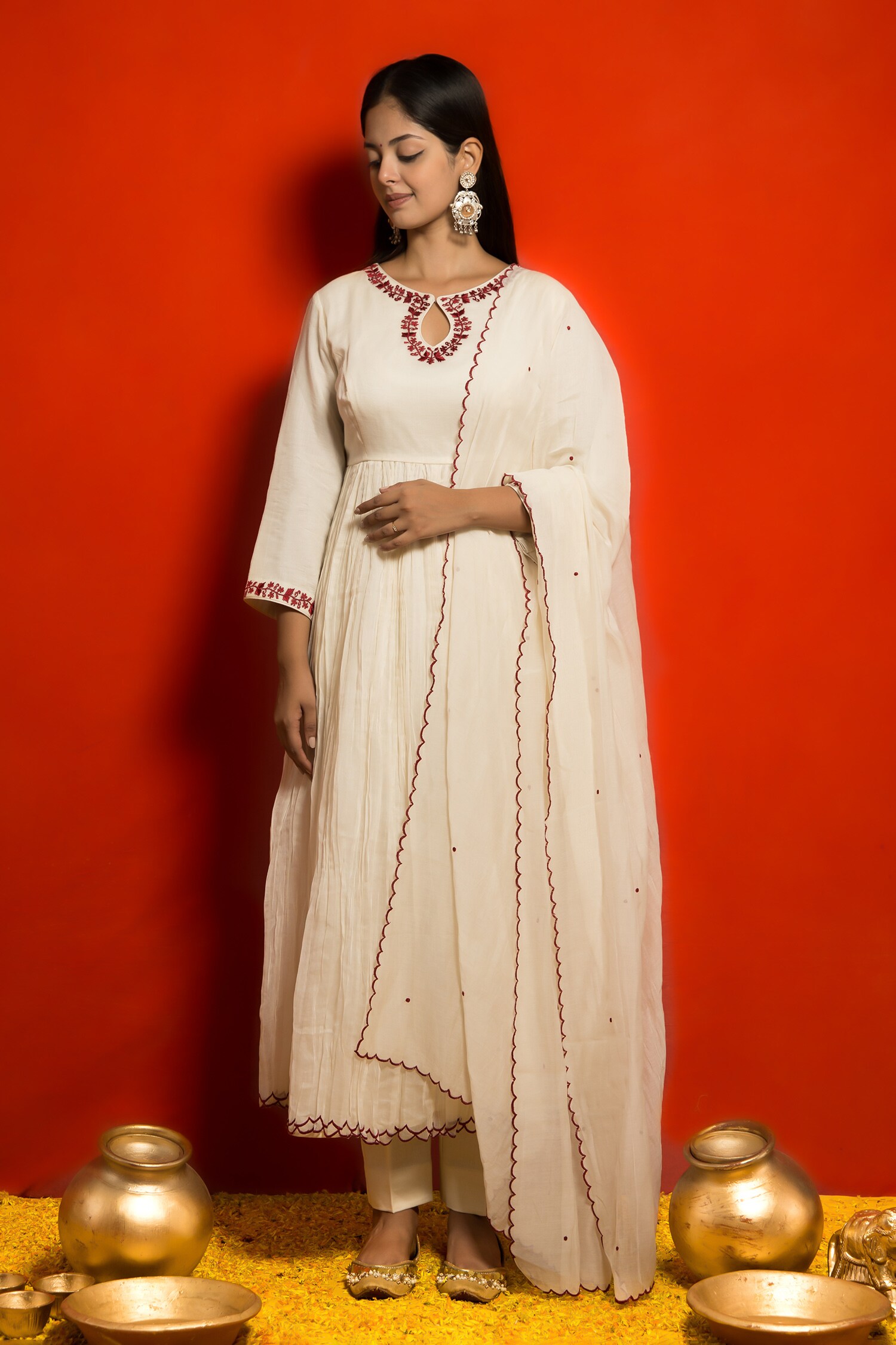 Buy Ivory Pure Malai Chanderi Embroidered Resham Thread Work Yoke ...