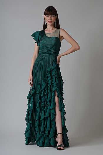 Buy Green Nylon Hand Embroidered Thread Round Sacha Gown For Women by ...