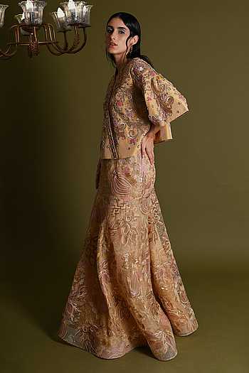 Buy Gold Nylon Embroidered Asya Geometric Mermaid Lehenga With Jacket ...