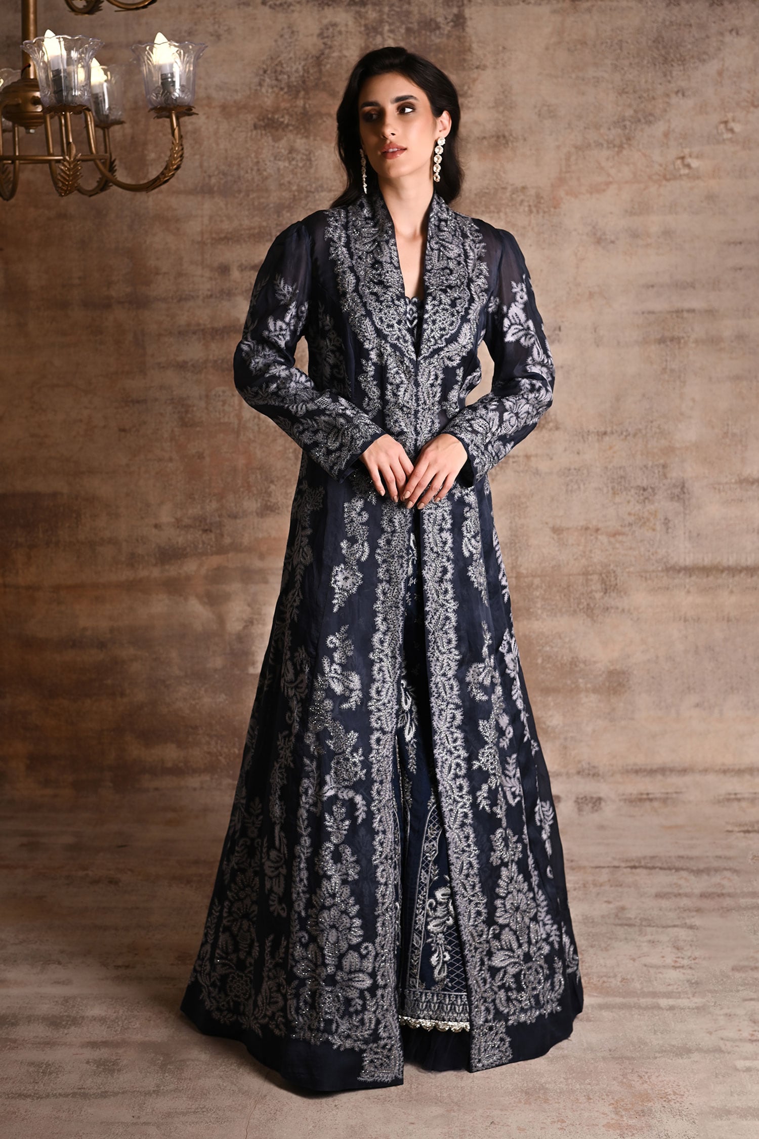 Buy Blue Nylon Embroidered Thread Jacket Zainara Floral Vine Sharara ...
