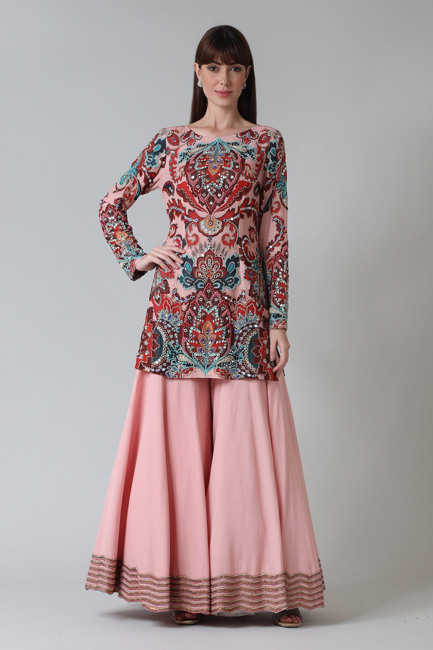 Buy Red Kurta And Dupatta Viscose Aiza Embellished Short Sharara Set ...