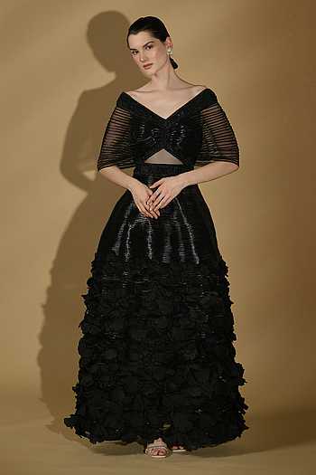 Buy Black Nylon 3d Flowers Broad And Brigitta Pattern Structured Gown ...