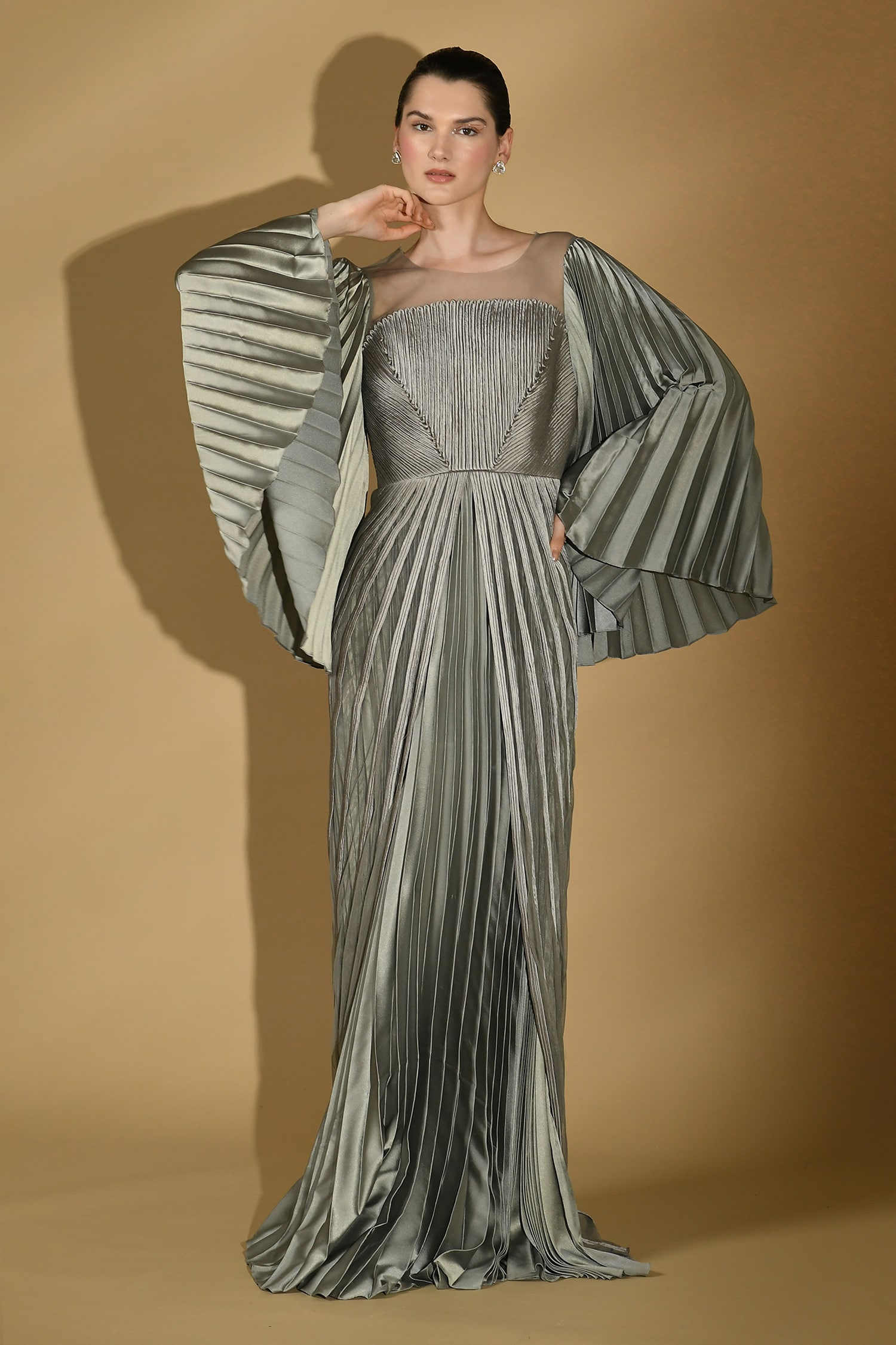 Buy Grey Nylon Plain Round Madison Flared Cape Sleeve Pleated Gown For ...