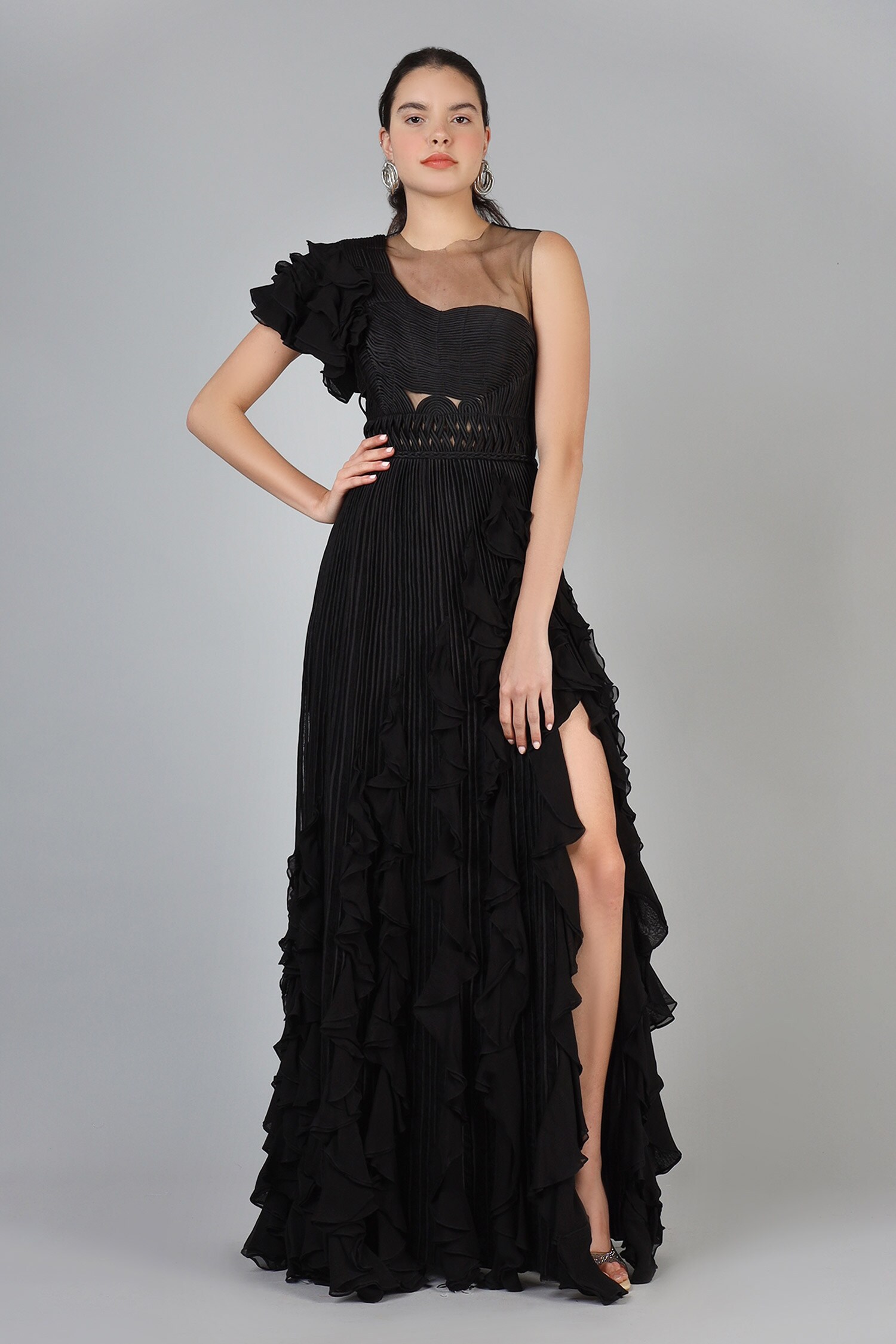 Buy Black Nylon Round Donna Braided Ruffle Gown For Women by Geisha ...