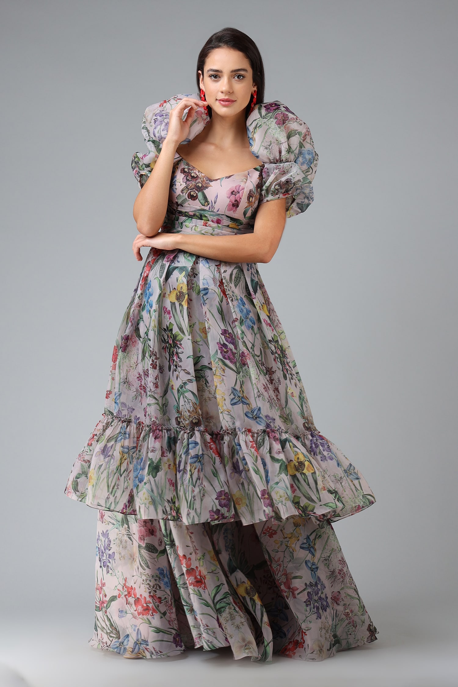 Buy Grey Polyester Print Floral Sweetheart Neck Josephine Layered Gown ...
