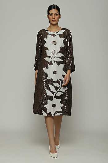Buy Brown Silk Printed And Embroidered Floral & Sequin Work Dress For ...