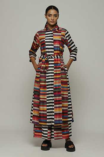 Buy Red Silk Printed Block Spread Collar Shirt Dress For Women by ...