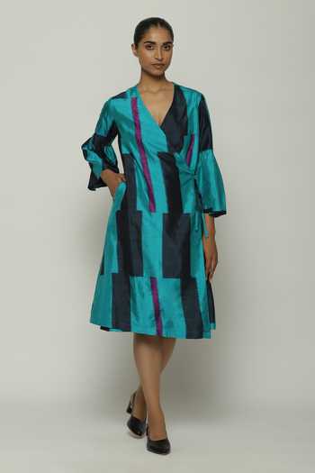 Buy Blue Silk Ikat V Neck Pattern Dress For Women by Abraham & Thakore ...