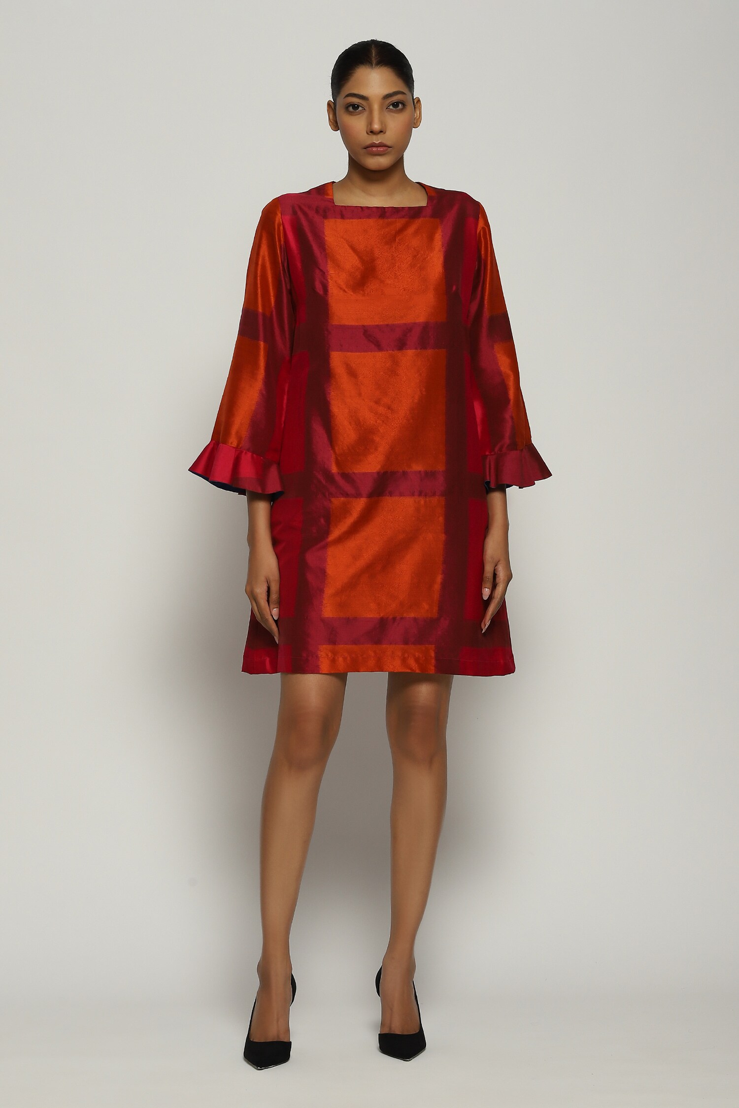 Buy Red Silk Ikat Square Neck Pattern Dress For Women by Abraham ...