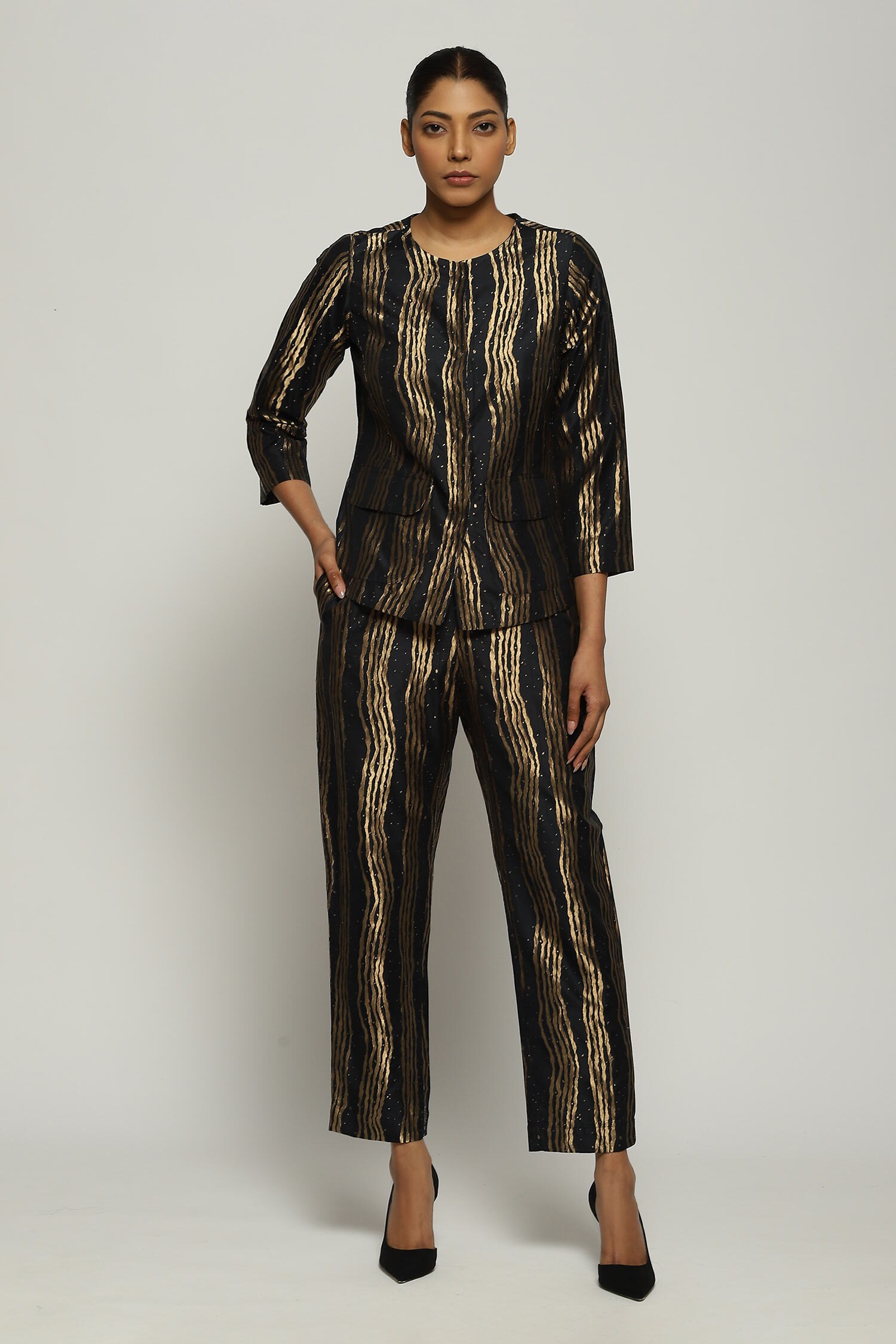 Buy Black Silk Tribal Lines Round Pattern Jacket For Women by Abraham ...