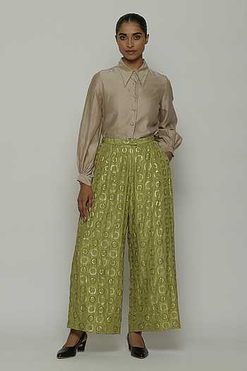 Buy Green Silk Print Circle Flared Pant For Women by Abraham & Thakore ...