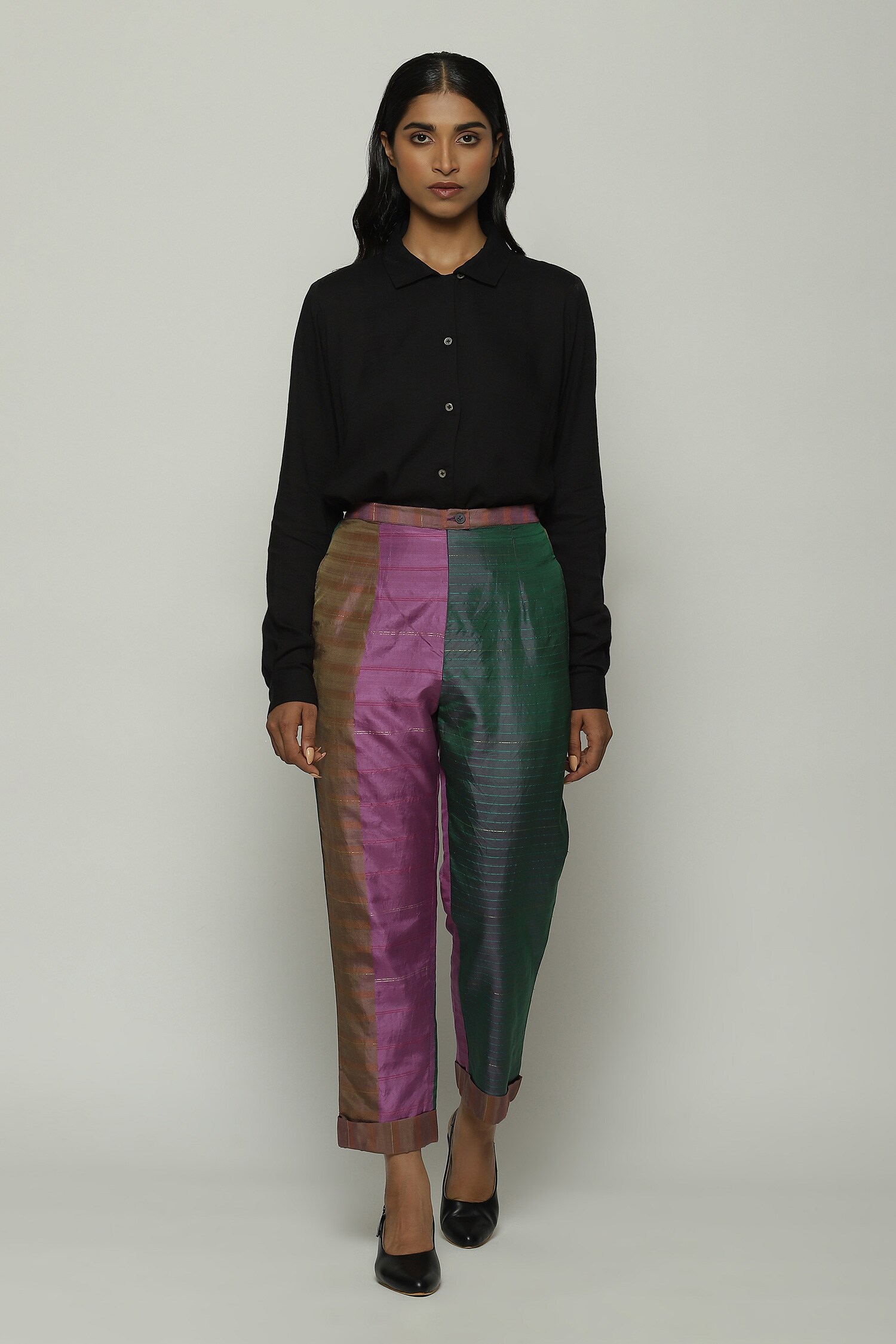 Buy Purple Silk Woven Stripe Color Block Pant For Women by Abraham ...
