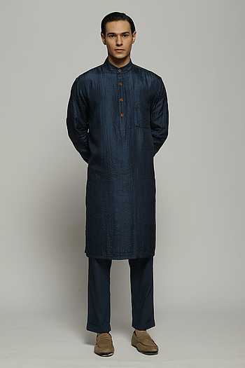 Buy Blue Silk Embroidered Running Stitch Tonal Trupanto Kurta For Men ...