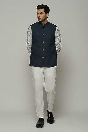 Buy Blue Poplin Diagonal Pleats Bundi For Men by Abraham & Thakore ...