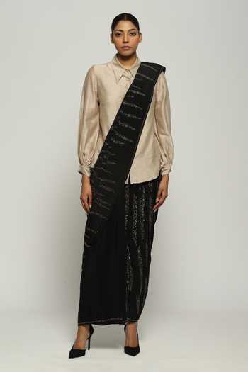 Buy Black Silk Embroidered Sequin And Cut Dana Work Tiger Striped Saree ...
