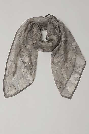 Buy Grey Checkered Block Print And Sequin Embroidered Symbol Silk Scarf ...
