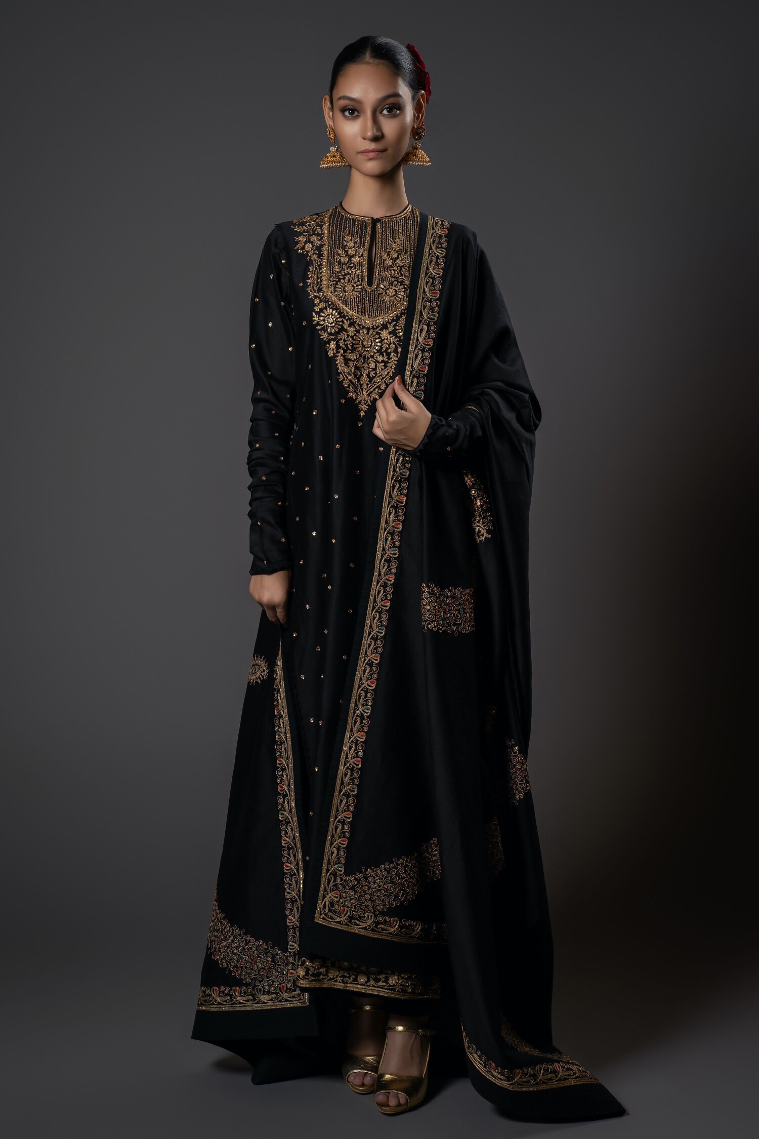 Buy Black Chanderi Silk Embroidered Zari Floral Pattern Kurta Set For ...