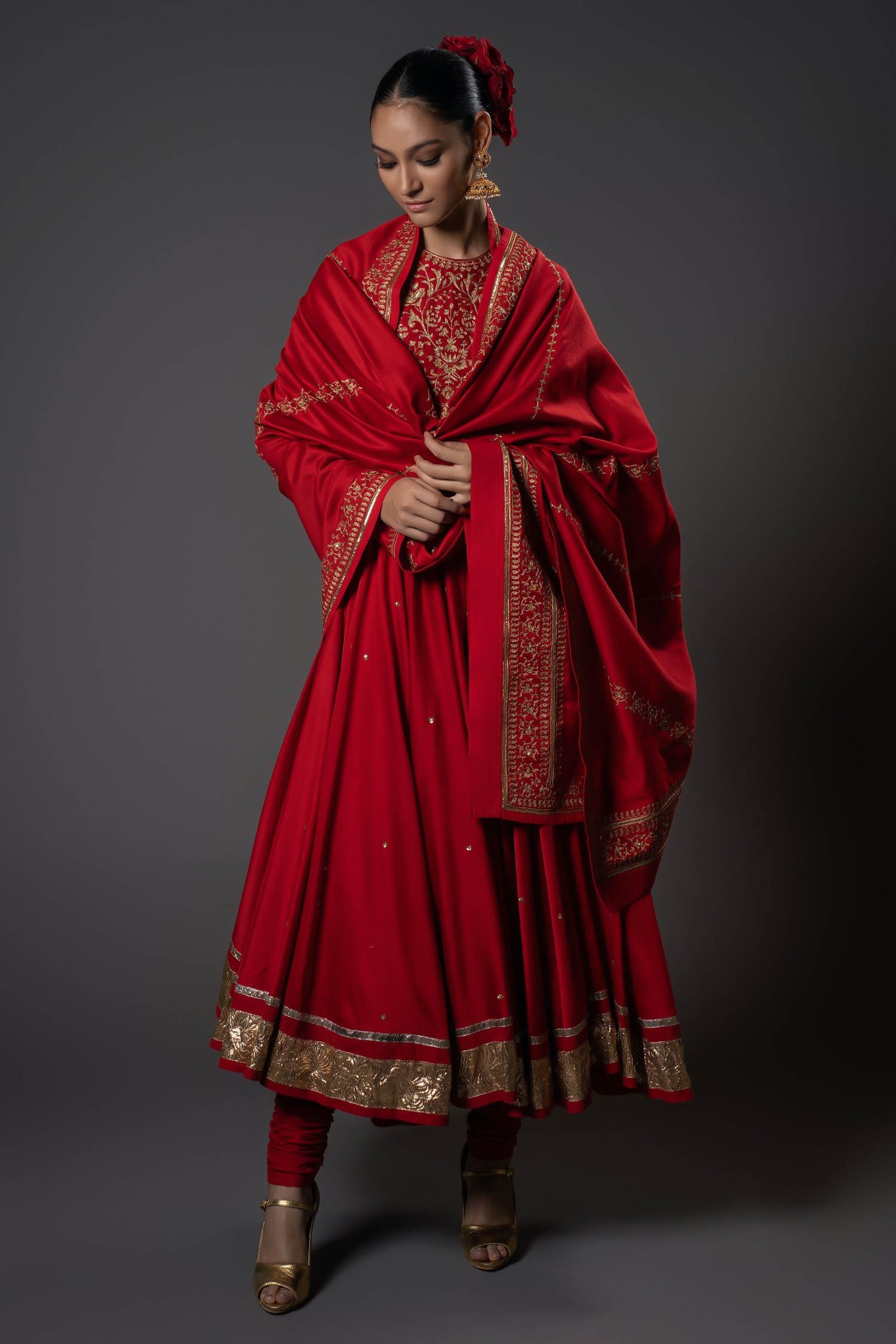 Buy Red Chanderi Silk Embroidered Sequin And Resham Floral Anarkali Set ...