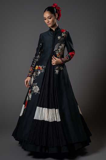 Buy Black Chanderi Silk Print Musk Rose Front Open Longline Jacket For ...