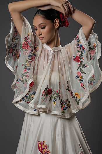 Buy Ivory Net Embroidery French Fleur Mandarin Collar Sheer Cape For ...