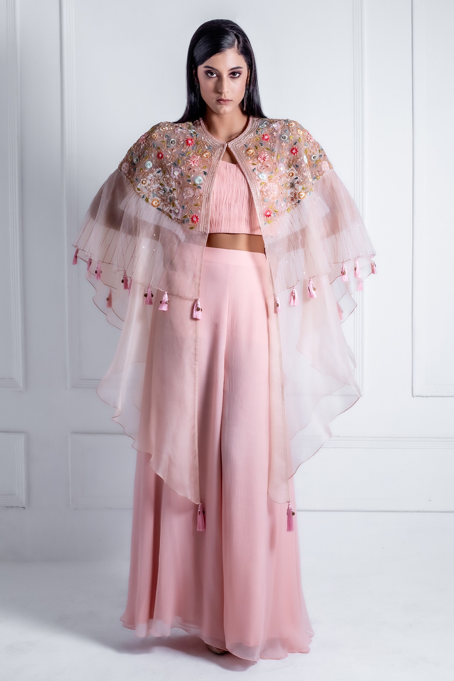 Buy Pink Georgette Embroidered Sequin Cape: Mysha Thread Sharara Set ...