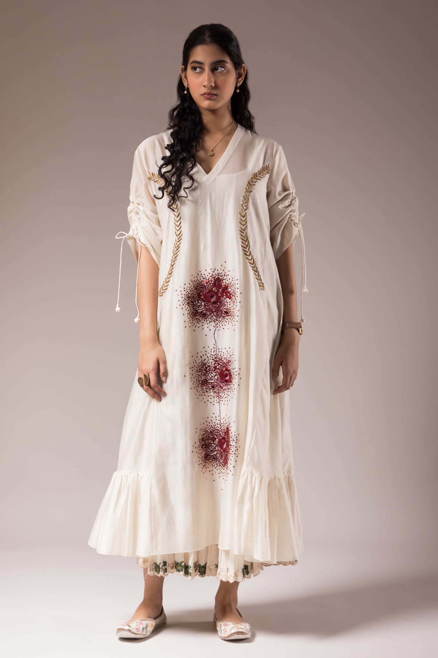 Buy Ivory Silk Chanderi Embroidery Sequin Rosette V Kurta With Inner Dress For Women by Prama by ...