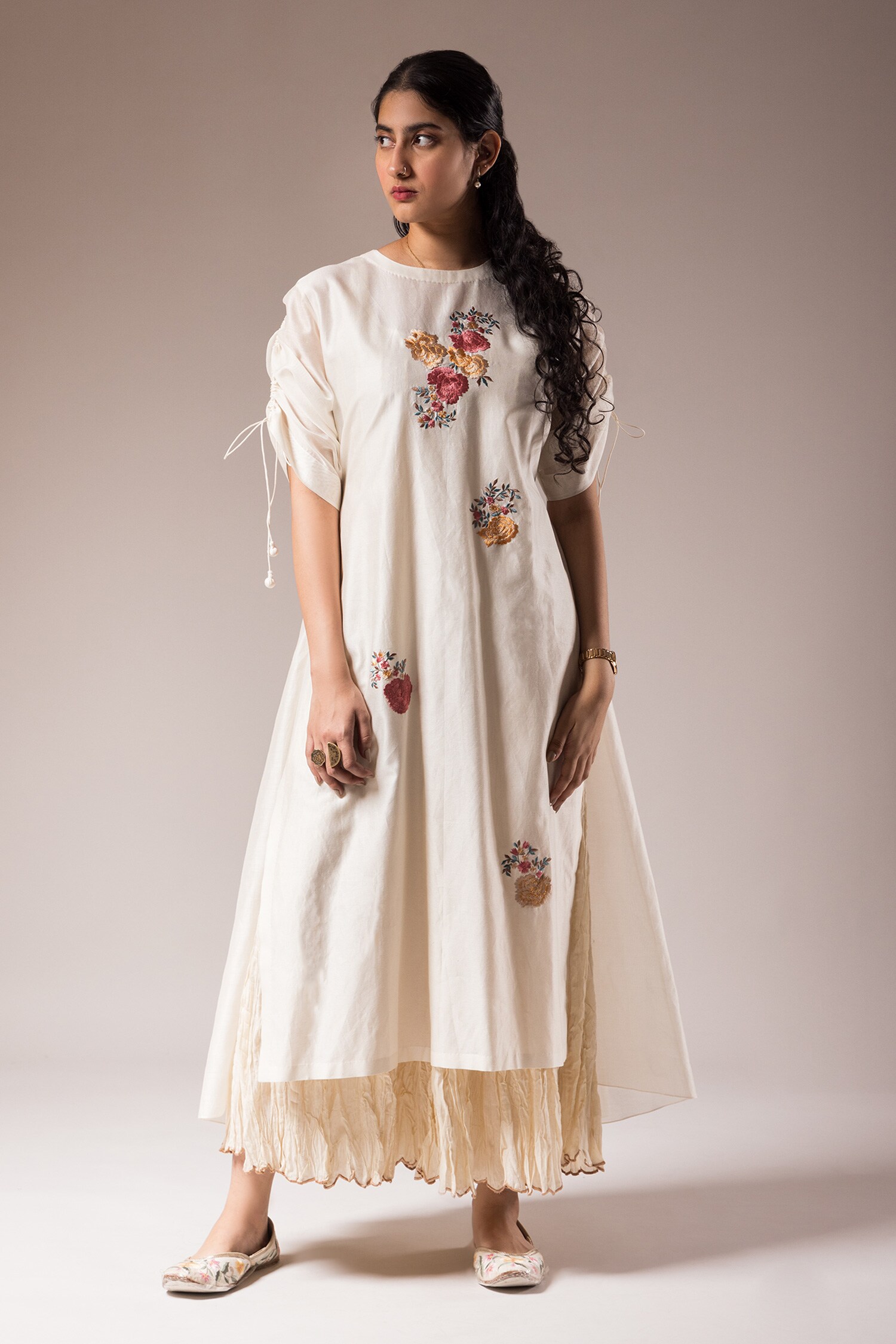 Buy Ivory Silk Chanderi Embroidered Floral Round Dress With Inner For ...