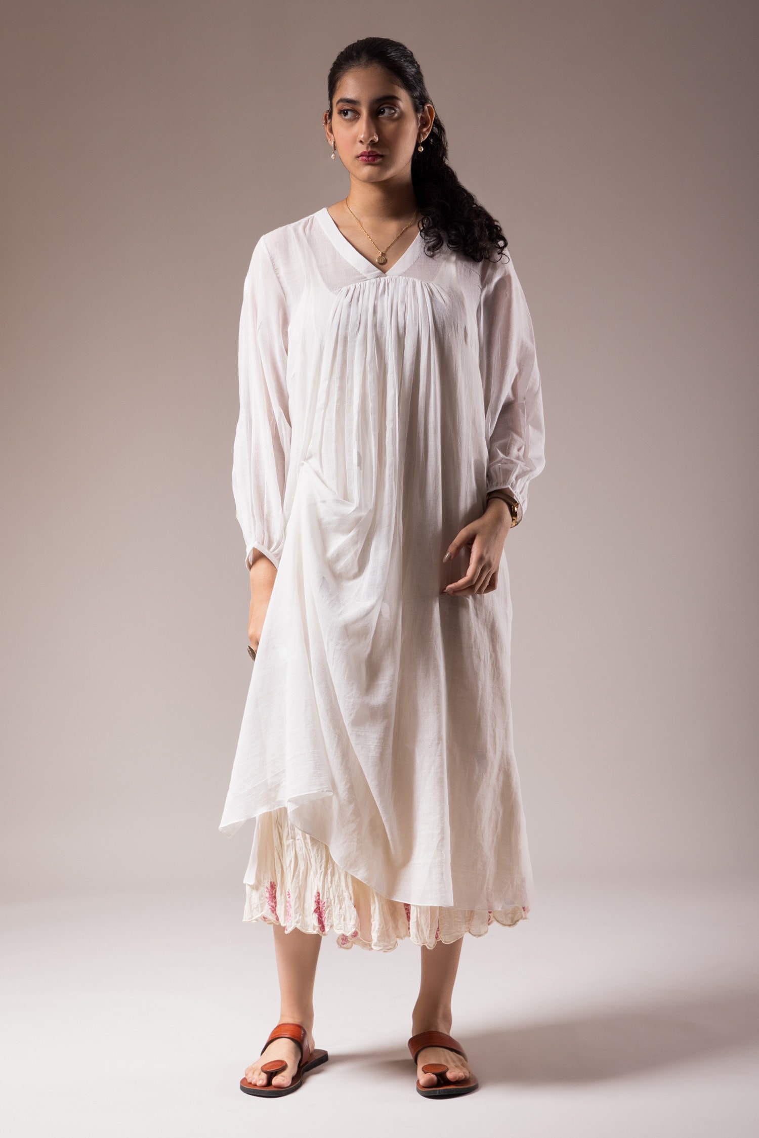 Buy White Handloom Cotton Plain V Neck Gathered Midi Dress With Inner ...
