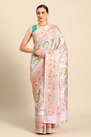 Buy White Silk Printed Botanical Checkered Saree With Running Blouse ...