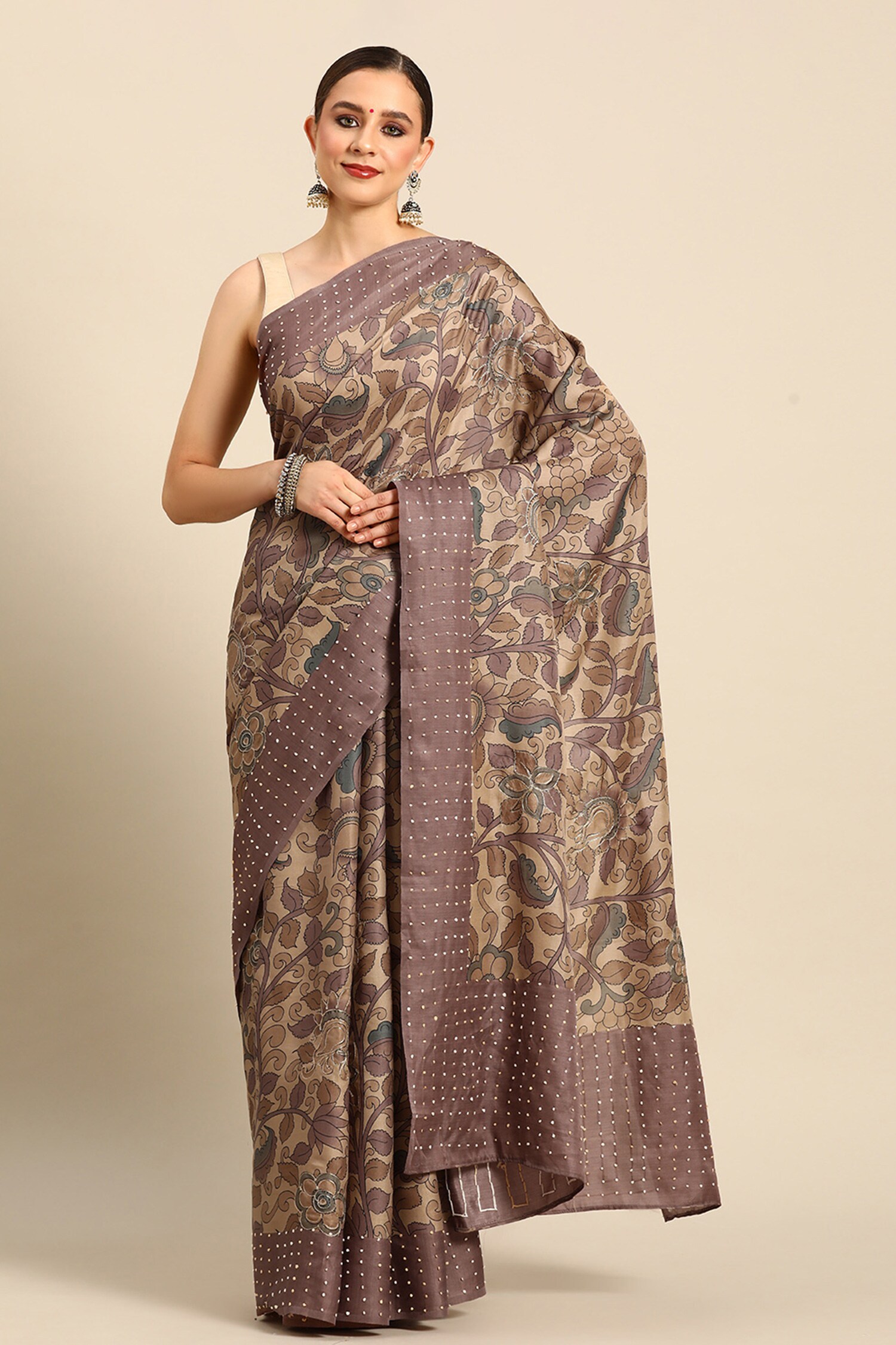 Buy Brown Silk Printed Leaflet Saree With Running Blouse For Women by ...