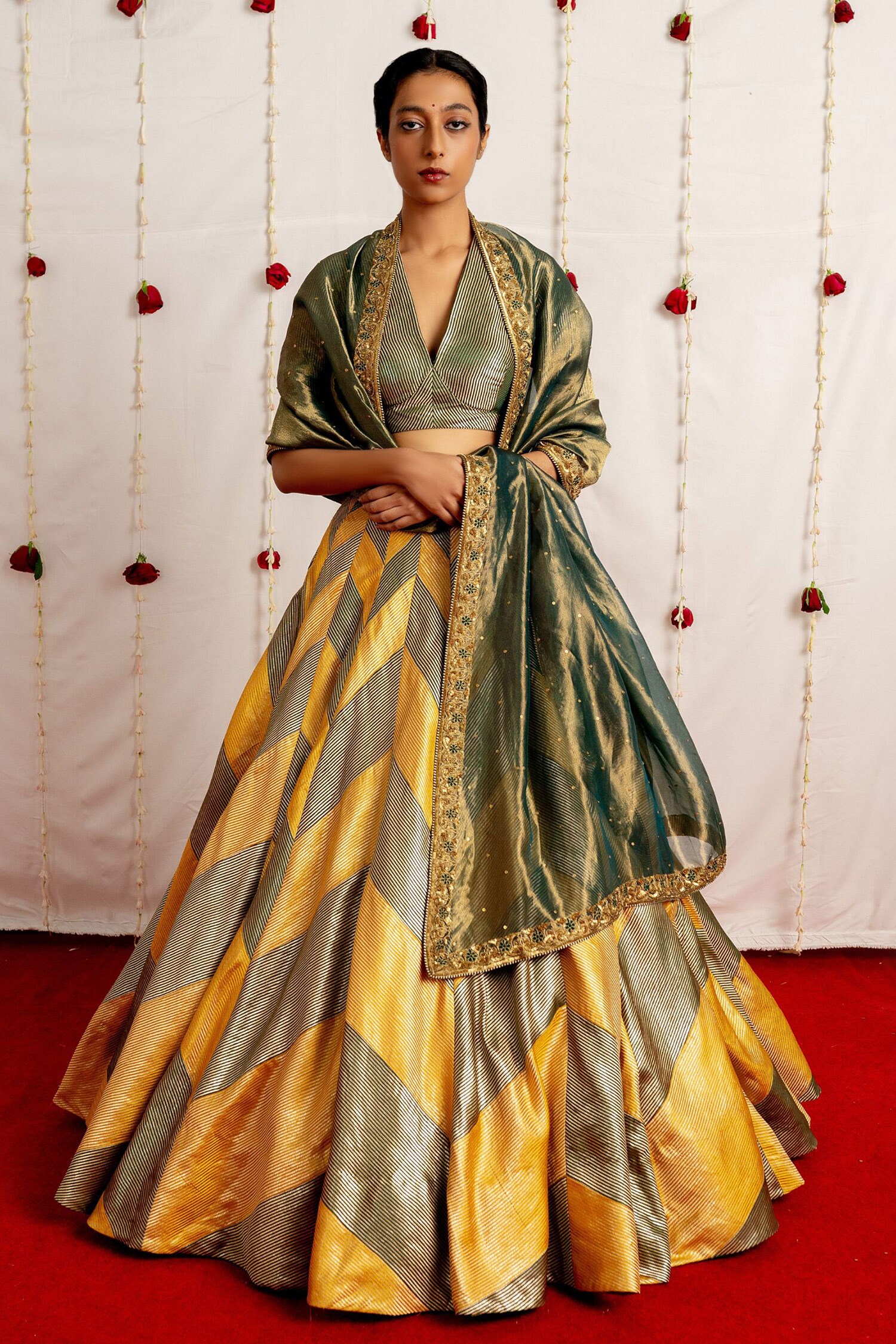 Buy Yellow Satin Silk: Blouse And Lehenga Woven Stripe V Falaq Two Tone ...