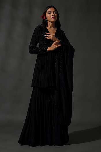 Buy Black Sheesha Silk Embroidered Floral Jaal Peplum Kurta Sharara Set ...