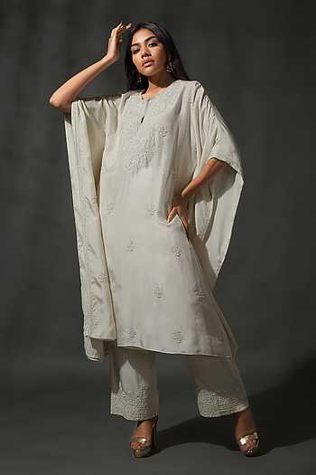 Buy Ivory Sheesha Silk Embroidered Sequins Floral Kaftan With Palazzo ...