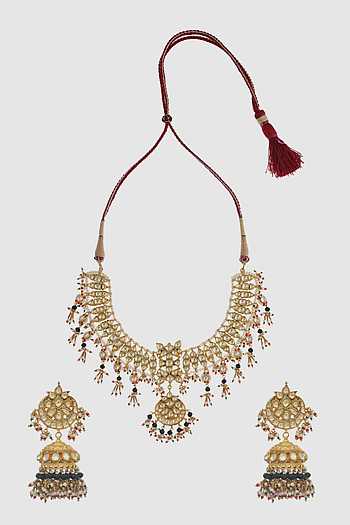 Buy Gold Plated Stone Crescent Cut Work Jadau Necklace Set by MAISARA ...