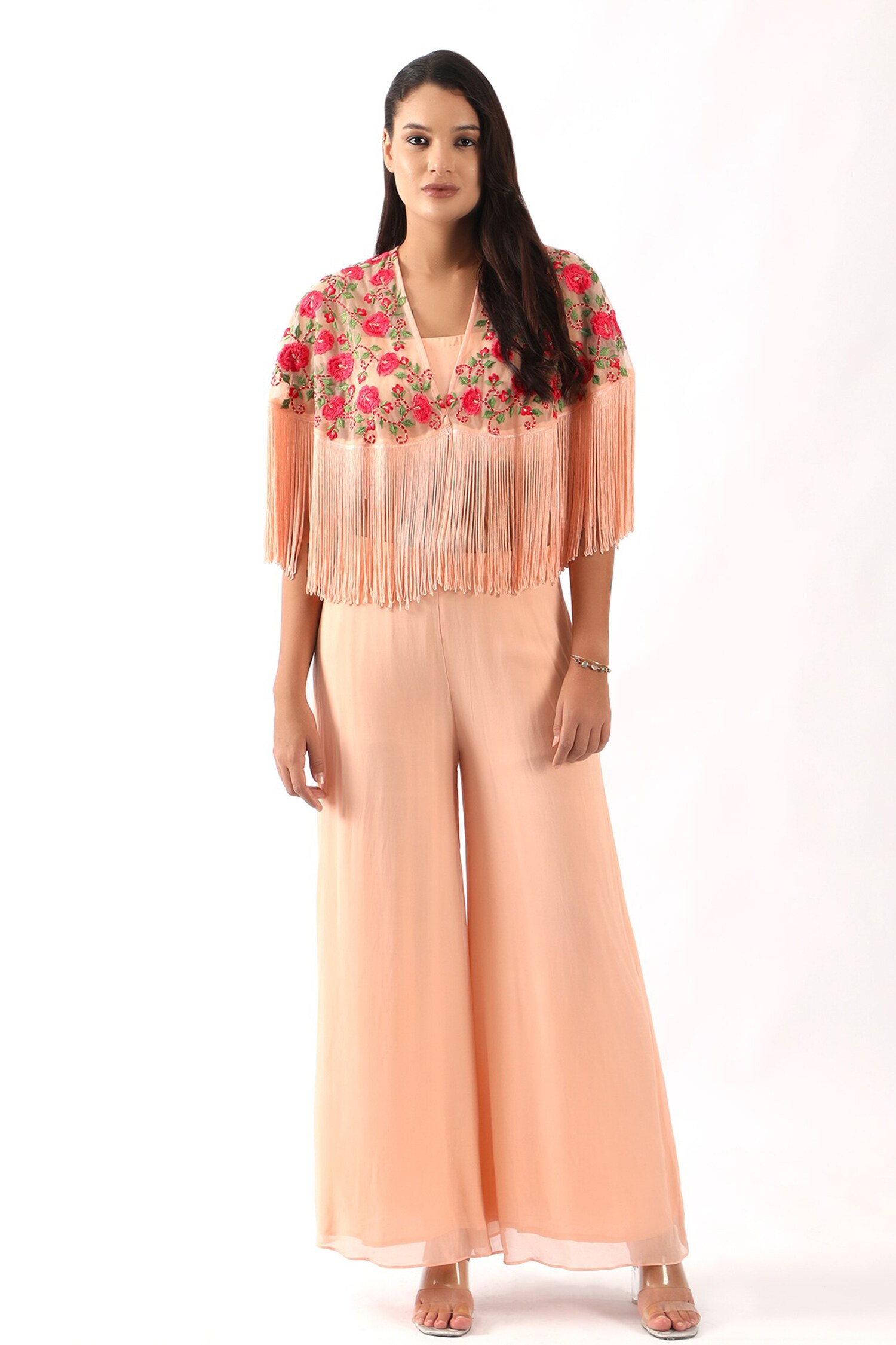 Buy Peach Georgette Embroidery Gul V Fringe Cape Set For Women by ...