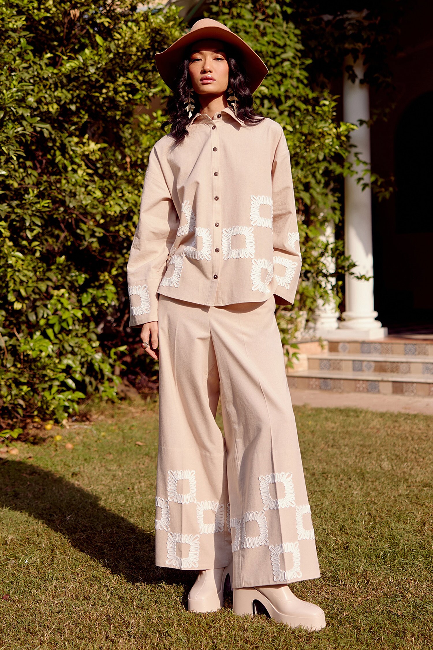 Buy Beige Cotton Linen Embroidery Quad Swirl Cora Shirt With Trouser ...