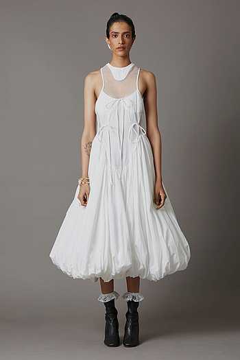 Buy White 95% Cotton Plain Round Billow Panelled Dress For Women by ...
