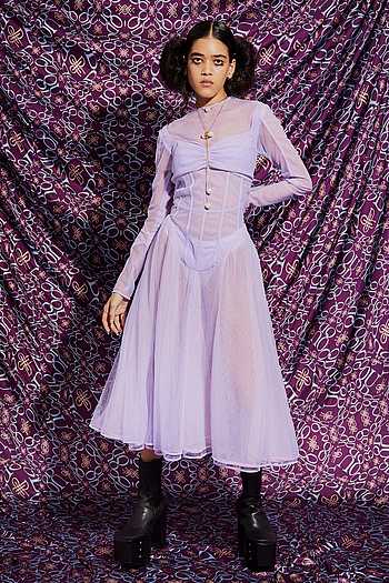 Buy Purple 100% Nylon Plain Round Trapeze Sheer Panelled Dress For ...