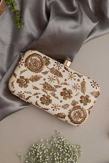 Buy Beige Zardozi Hand Embroidered Aabish Floral Clutch by THE TAN CLAN ...