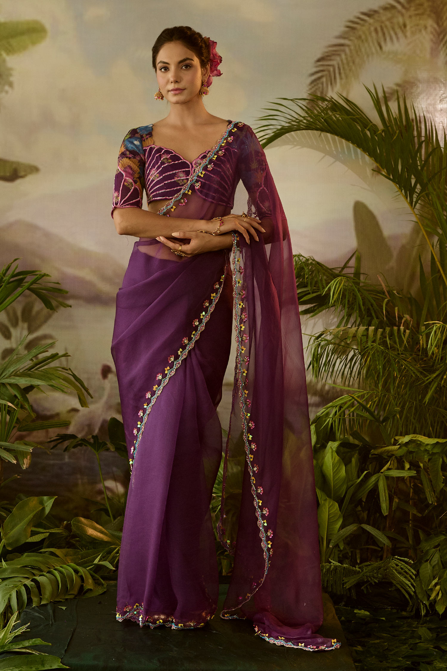 Buy Purple Saree Gopi Zardozi Border With Unstitched Blouse Piece For ...